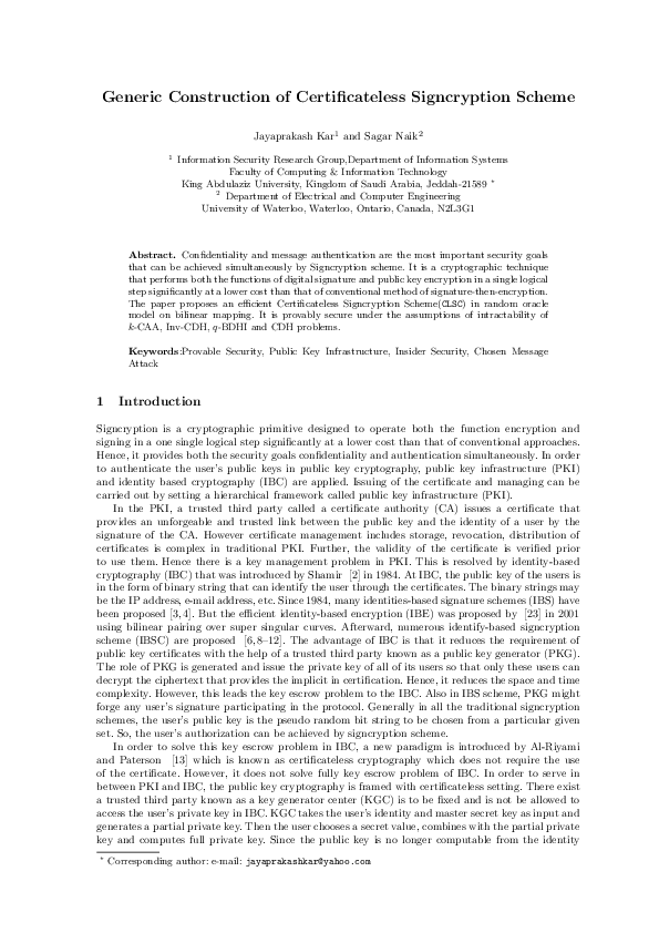 (PDF) Generic Construction of Certificateless Signcryption Scheme