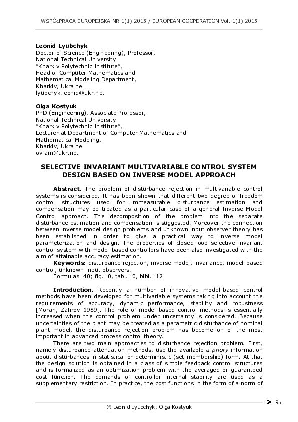 Pdf Selective Invariant Multivariable Control System Design Based On Inverse Model Approach