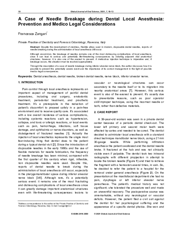 (PDF) A Case of Needle Breakage during Dental Local Anesthesia ...