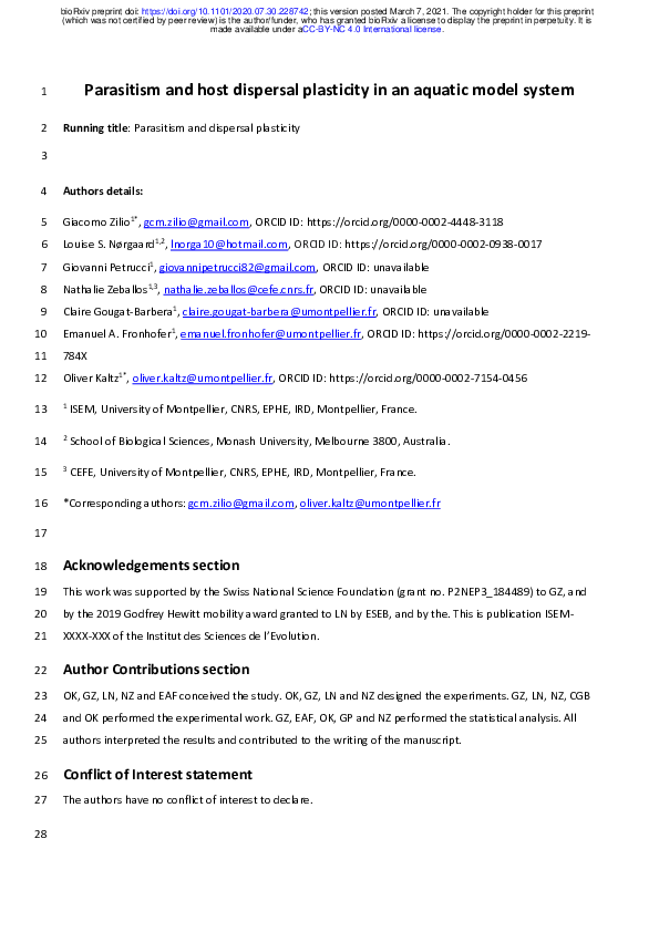 (PDF) Parasitism and host dispersal plasticity in an aquatic model system