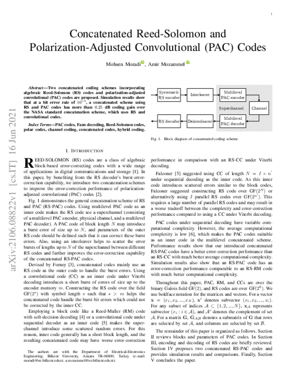 (PDF) Concatenated Reed-Solomon and Polarization-Adjusted Convolutional (PAC) Codes