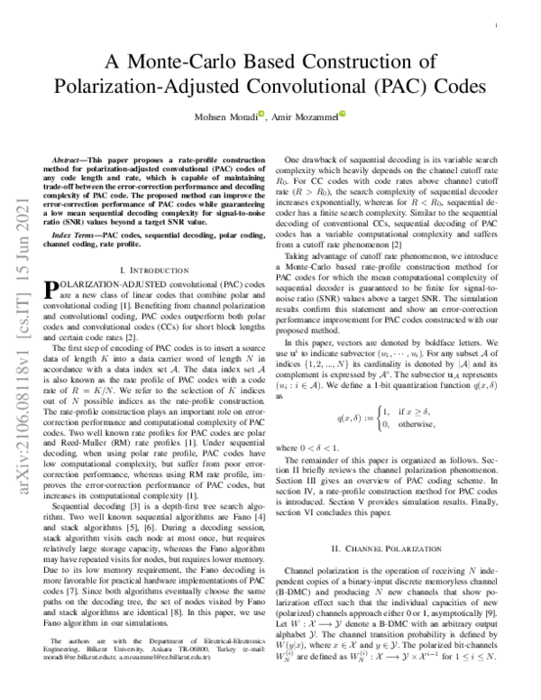 (PDF) A Monte-Carlo Based Construction of Polarization-Adjusted Convolutional (PAC) Codes