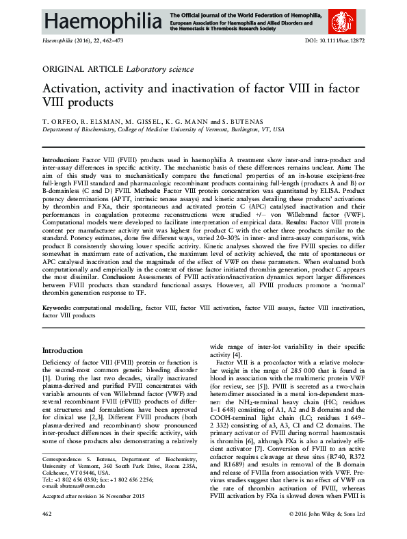 (PDF) Activation, activity and inactivation of factor VIII in factor ...