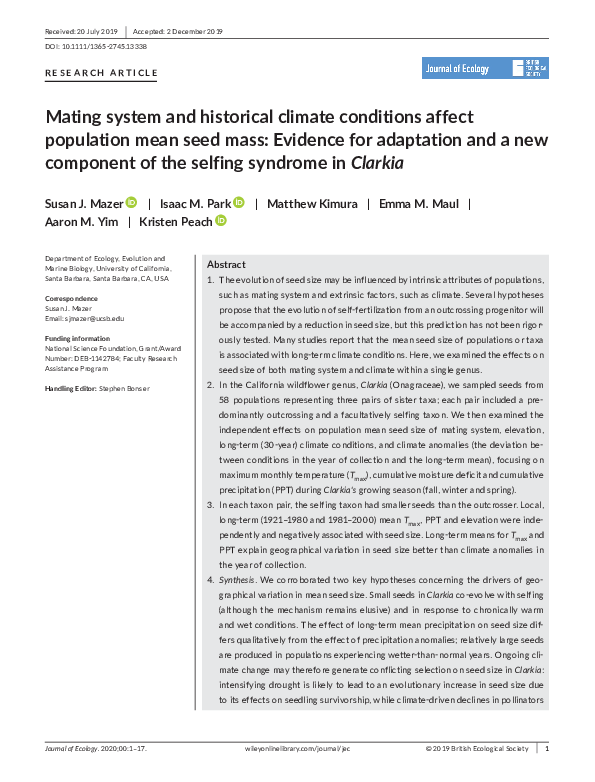 (PDF) Mating system and historical climate conditions affect population ...