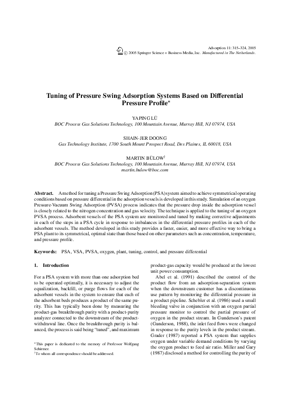 Pdf Tuning Of Pressure Swing Adsorption Systems Based On Differential Pressure Profile