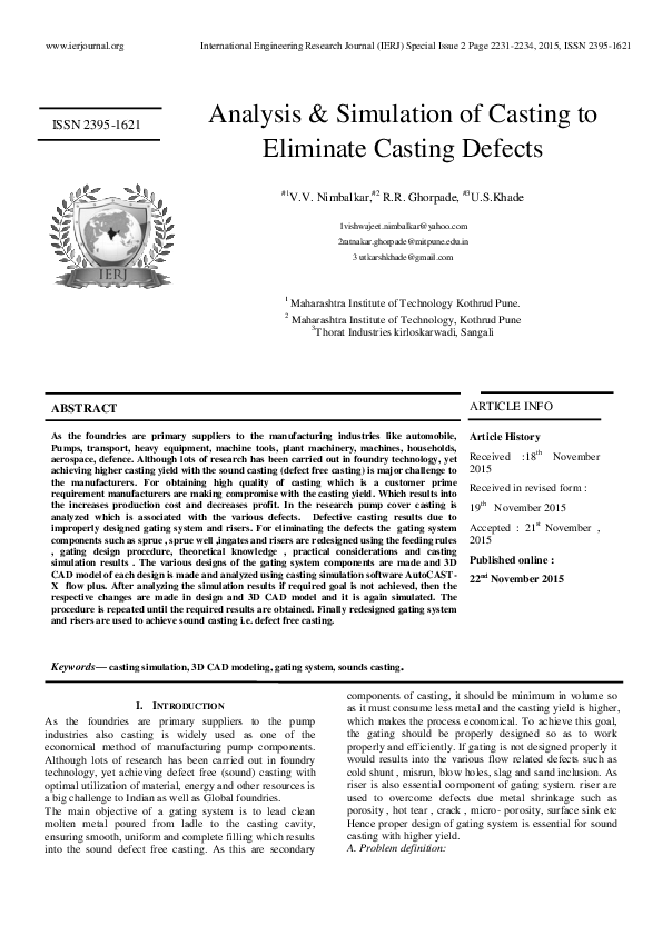 Pdf Analysis And Simulation Of Casting To Eliminate Casting Defects