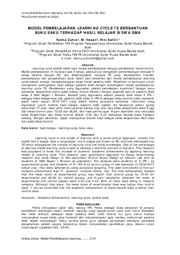 (PDF) Model Pembelajaran Learning Cycle 7E Berbantuan Buku Saku Terhadap Hasil Belajar Siswa Sma