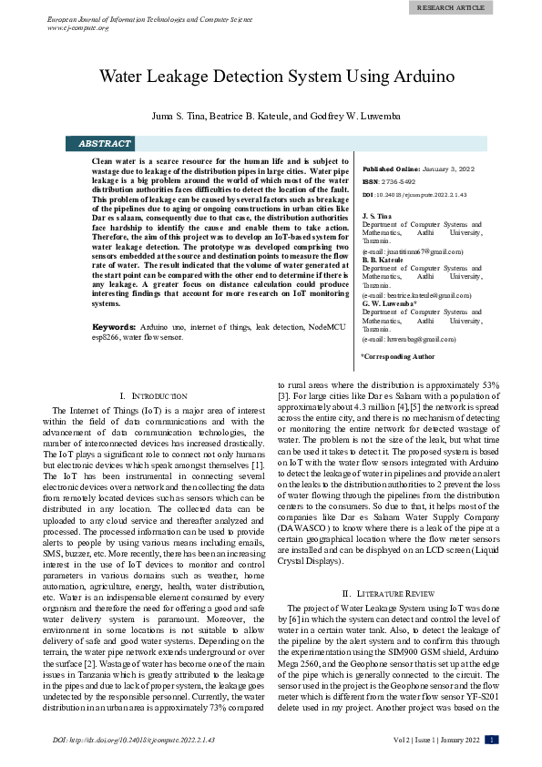 Pdf Water Leakage Detection System Using Arduino