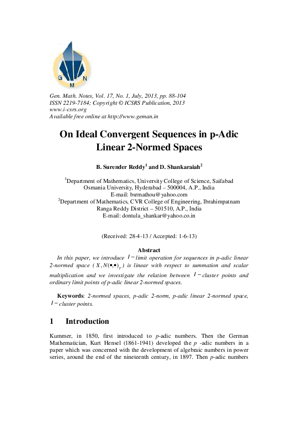 (PDF) On Ideal Convergent Sequences in p-Adic Linear 2-Normed Spaces