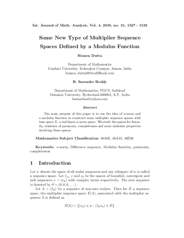Pdf Some New Type Of Multiplier Sequence Spaces Defined By A Modulus