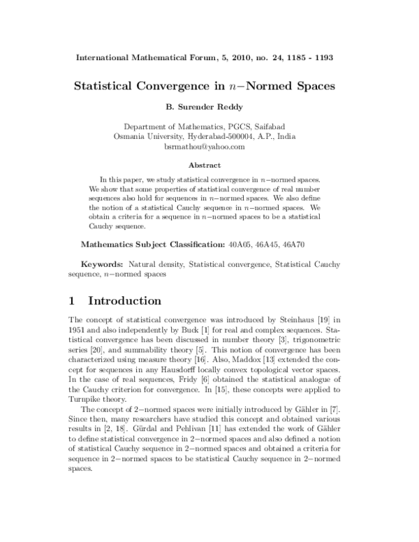 (PDF) Statistical Convergence in n−Normed Spaces