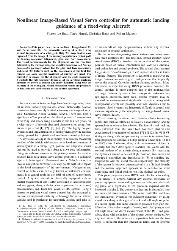 (PDF) Nonlinear Image-Based Visual Servo controller for automatic landing guidance of a fixed ...