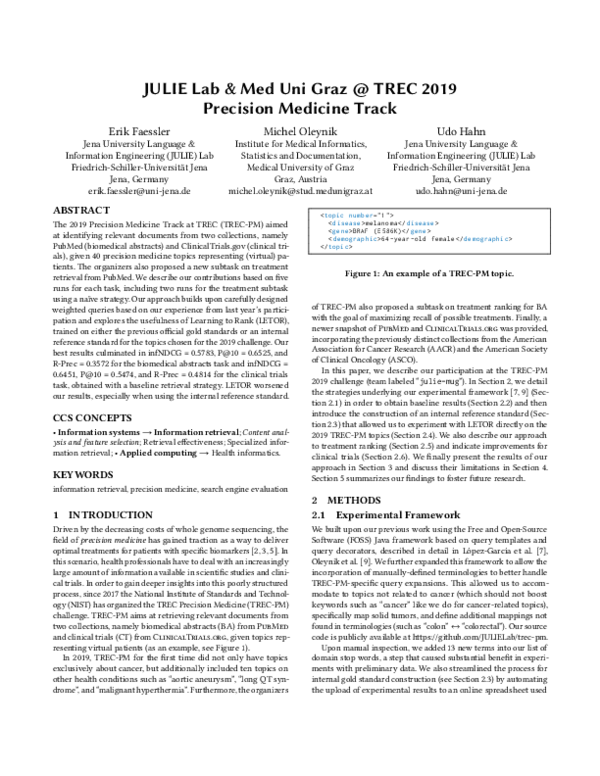 (PDF) TREC 2019 Precision Medicine: JULIE Lab's Contributions