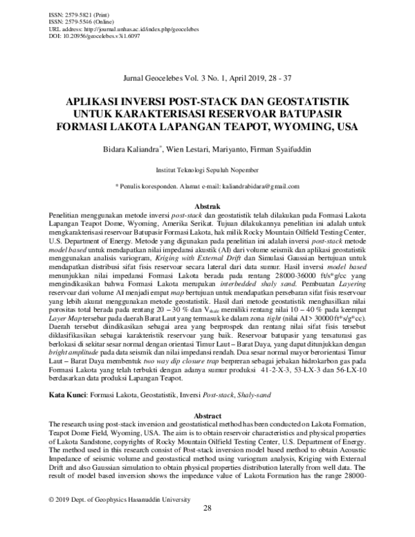 (PDF) Aplikasi Inversi Post-Stack Dan Geostatistik Untuk Karakterisasi ...