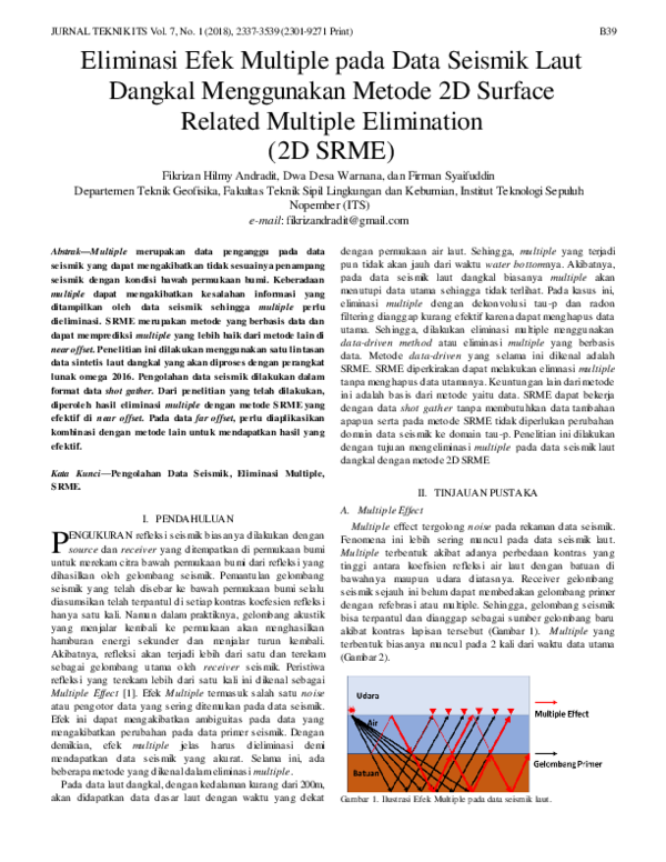 (PDF) Eliminasi Efek Multiple pada Data Seismik Laut Dangkal Menggunakan Metode 2D Surface ...