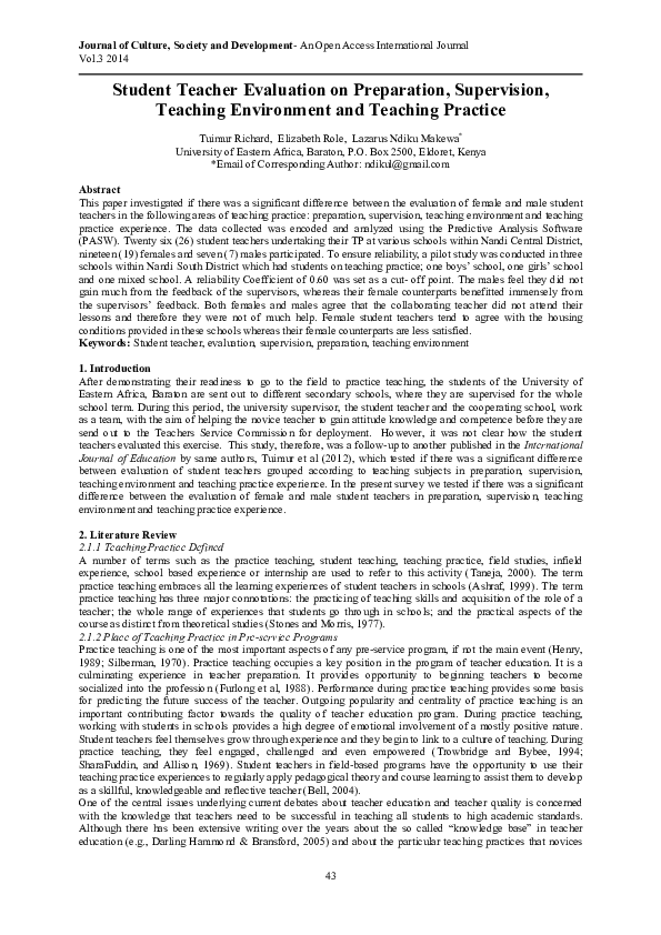 (PDF) Student Teacher Evaluation on Preparation, Supervision, Teaching ...