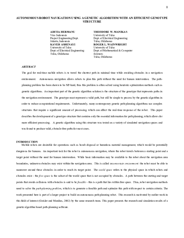 Pdf Autonomous Robot Navigation Using A Genetic Algorithm With An Efficient Genotype Structure