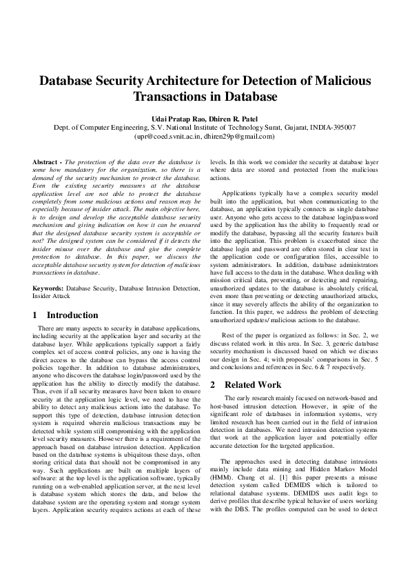 (PDF) Database Security Architecture for Detection of Malicious Transactions in Database