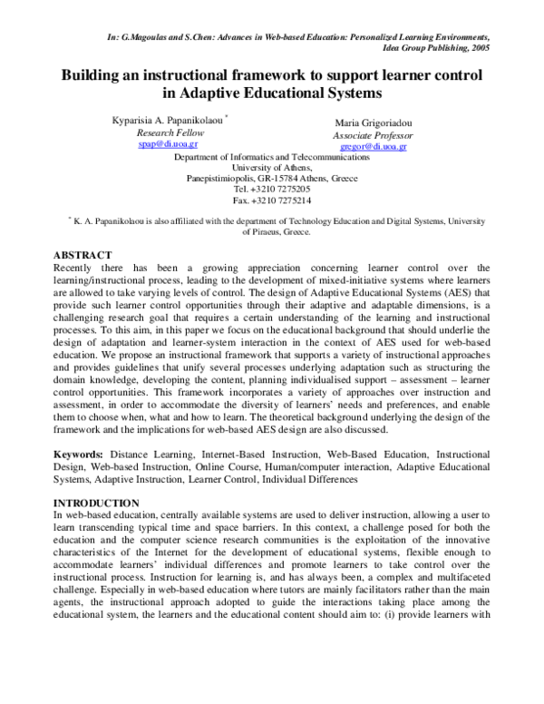 (PDF) Building an Instructional Framework to Support Learner Control in ...