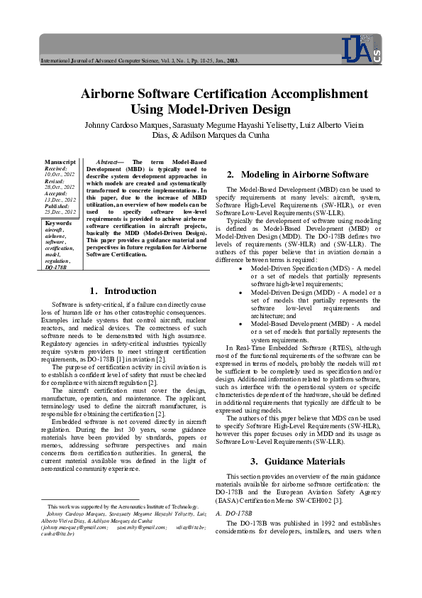 Airborne Software Certification Accomplishment Using Model-Driven Design