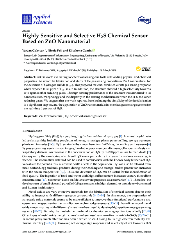 (PDF) Highly Sensitive and Selective H2S Chemical Sensor Based on ZnO Nanomaterial