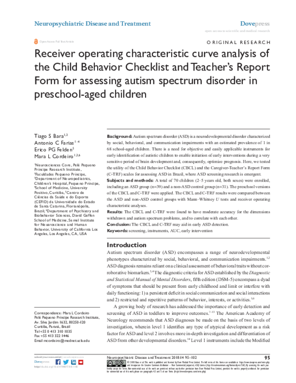 (PDF) Receiver operating characteristic curve analysis of the Child Behavior Checklist and ...