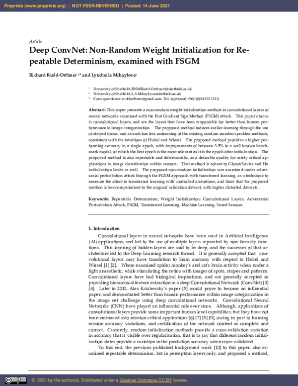 (PDF) Deep ConvNet: Non-Random Weight Initialization for Repeatable Determinism, examined with FSGM