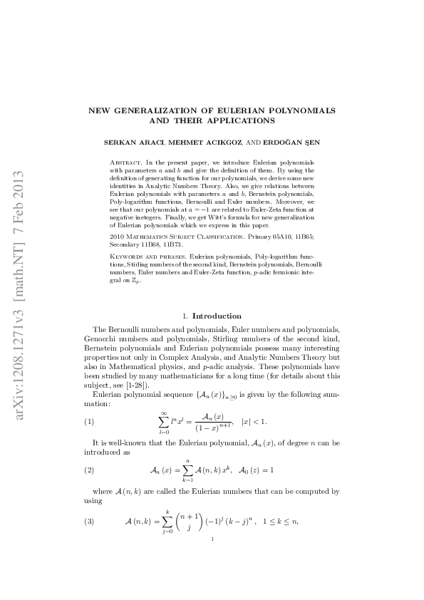 (PDF) New Generalization of Eulerian polynomials and their applications