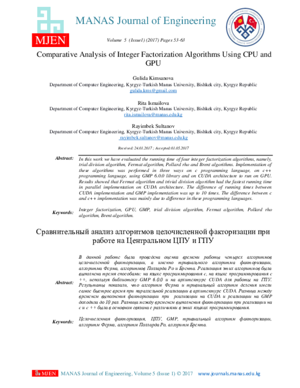 (PDF) Comparative Analysis Of Integer Factorization Algorithms Using Cpu And Gpu