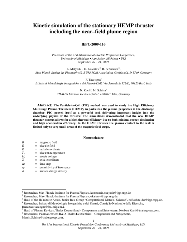 (PDF) Kinetic simulation of the stationary HEMP thruster including the ...
