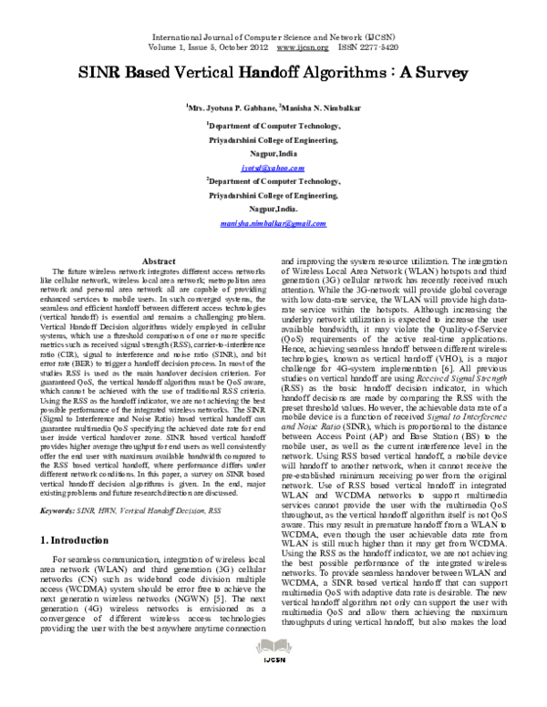 (PDF) SINR Based Vertical Handoff Algorithms : A Survey