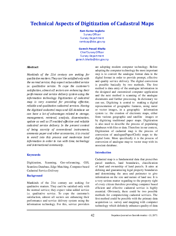 (PDF) Technical Aspects of Digitization of Cadastral Maps