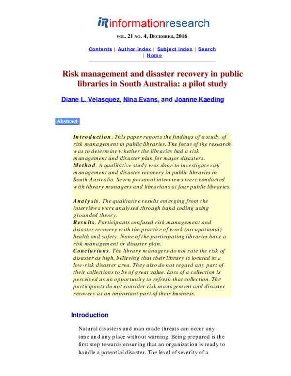 (PDF) Risk management and disaster recovery in public libraries in ...