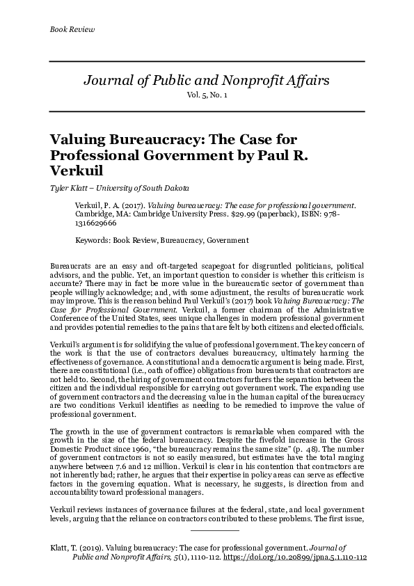 (PDF) Valuing Bureaucracy: The Case for Professional Government by Paul ...