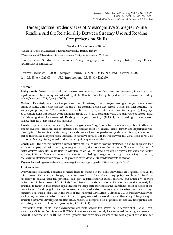 (PDF) Undergraduate Students’ Use of Metacognitive Strategies While Reading and the Relationship ...