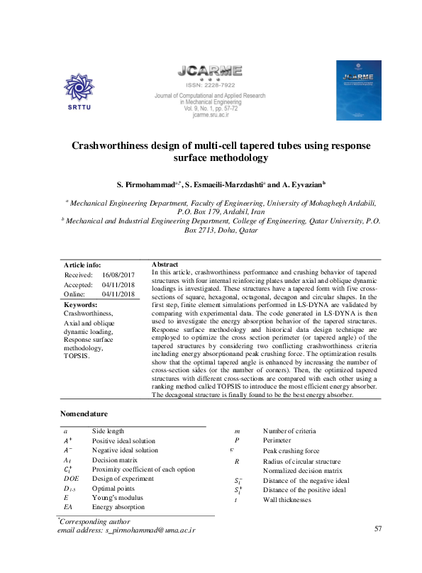 (PDF) Crashworthiness design of multi-cell tapered tubes using response surface methodology ...