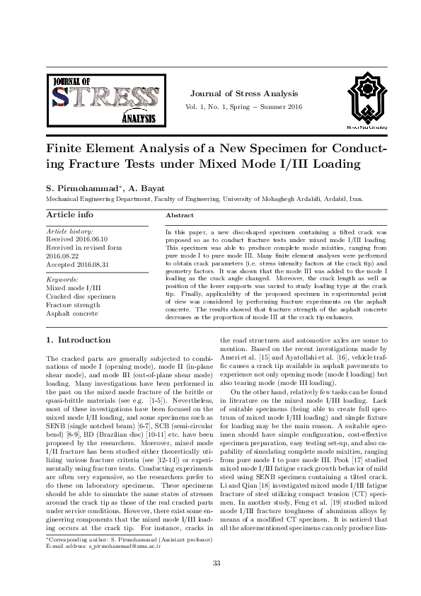 Pdf Finite Element Analysis Of A New Specimen For Conducting Fracture