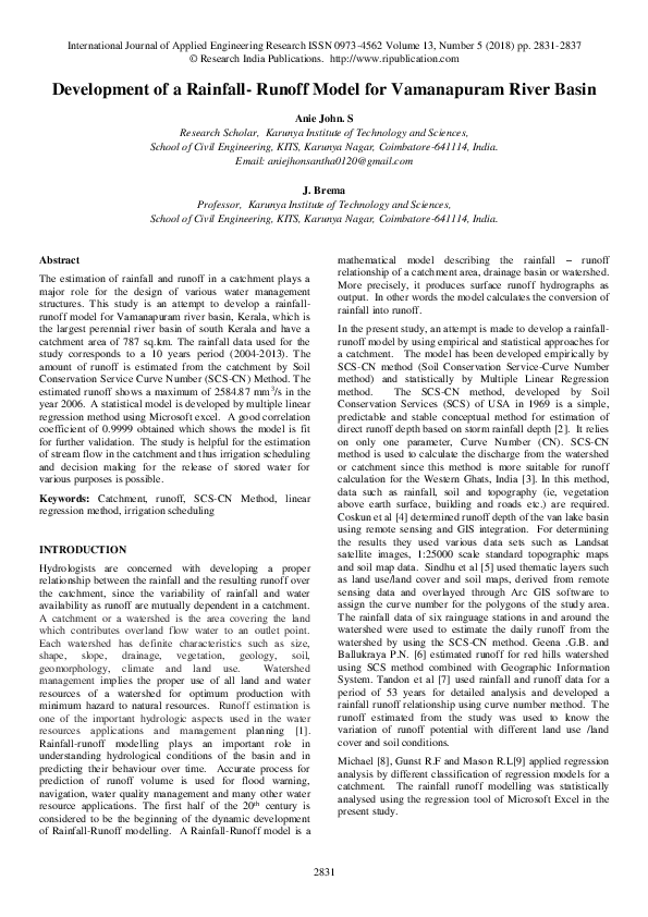 (PDF) Development of a Rainfall-Runoff Model for Vamanapuram River Basin