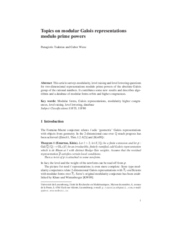 (PDF) Topics on Modular Galois Representations Modulo Prime Powers