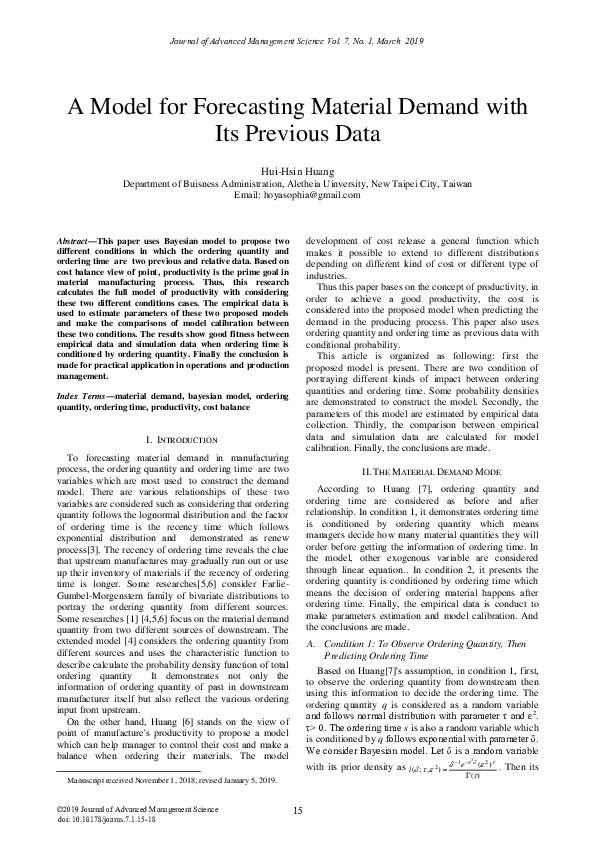 (PDF) A Model for Forecasting Material Demand with Its Previous Data