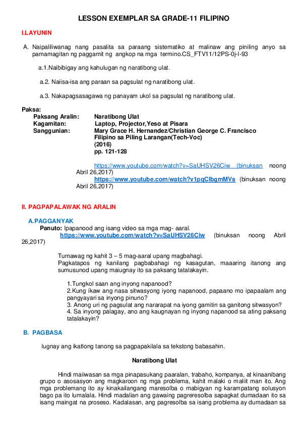 (PDF) LESSON EXEMPLAR SA GRADE-11 FILIPINO