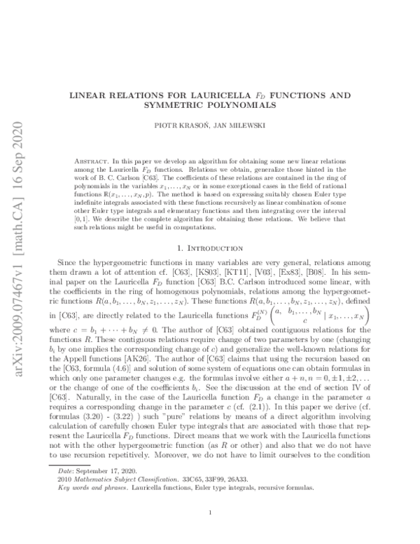 (PDF) Linear relations for Lauricella $F_D$ functions and symmetric ...