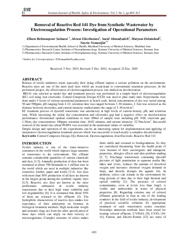(PDF) Removal of Reactive Red 141 Dye from Synthetic Wastewater by ...