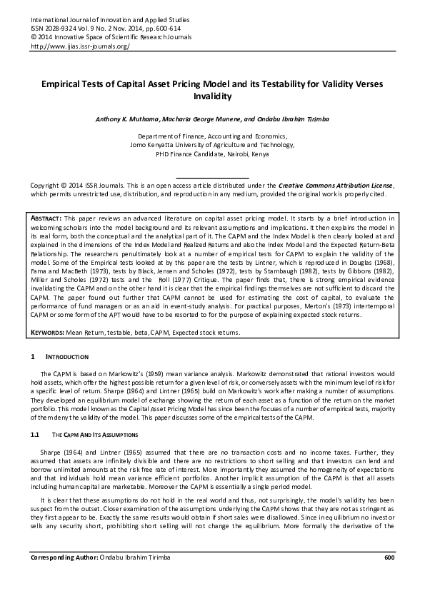 (PDF) Empirical Tests of Capital Asset Pricing Model and its ...