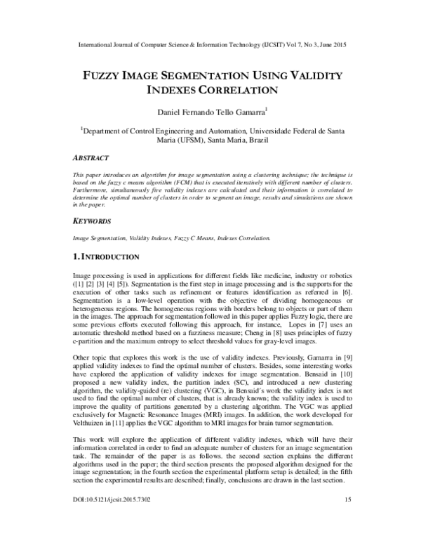 Pdf Fuzzy Image Segmentation Using Validity Indexes Correlation