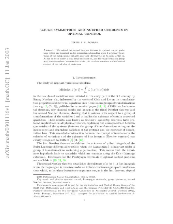 (PDF) Gauge symmetries and Noether currents in optimal control