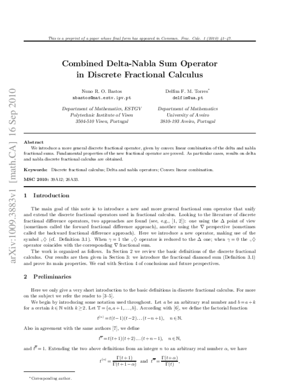 Pdf Combined Delta Nabla Sum Operator In Discrete Fractional Calculus