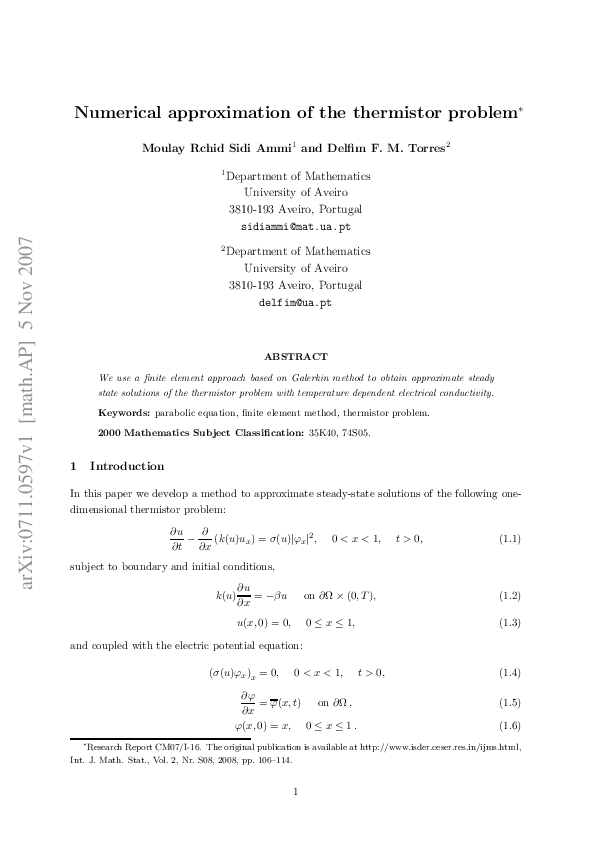 Pdf Numerical Approximation Of The Thermistor Problem