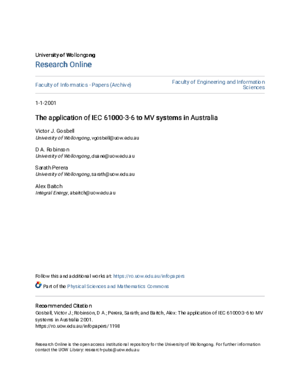 (PDF) The application of IEC 61000-3-6 to MV systems in Australia