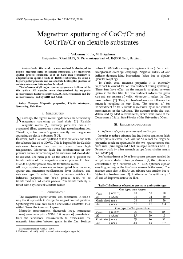 (PDF) Magnetron sputtering of cocr/cr and cocata/cr on flexible substrates